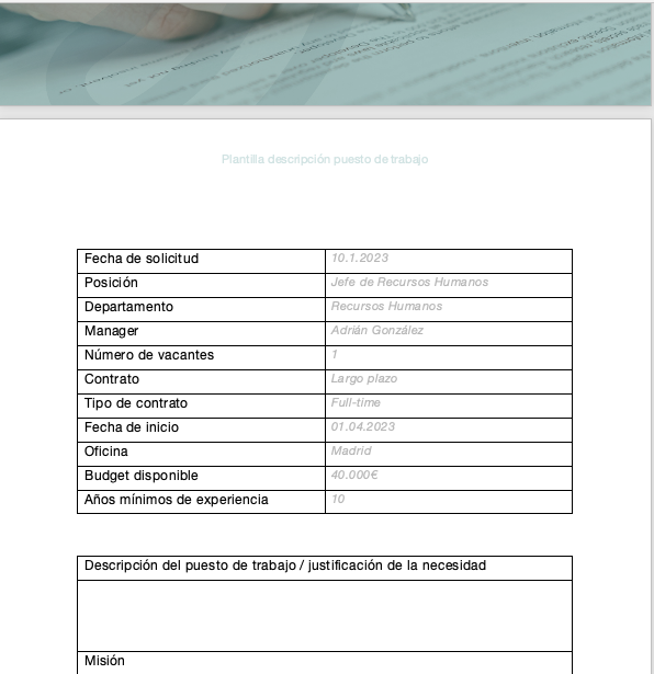Plantilla descripcion puestos de trabajo en word | Kenjo