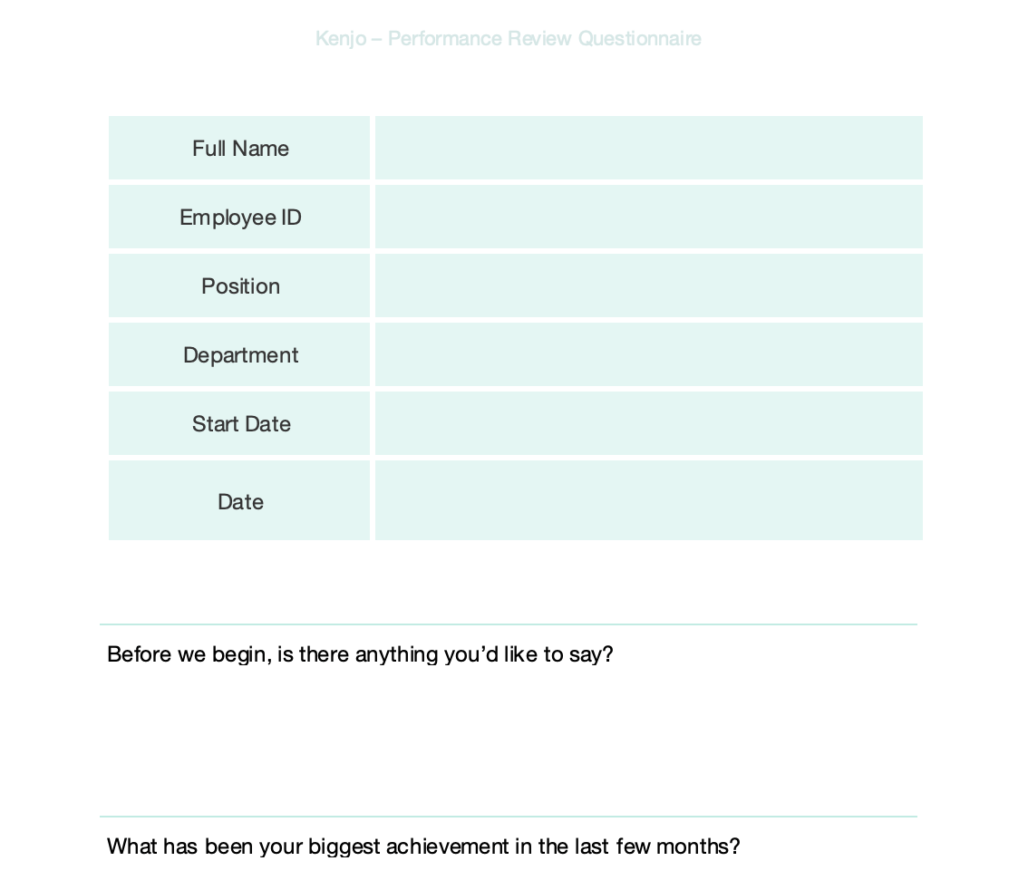 Free Performance Review Questionnaire | Kenjo